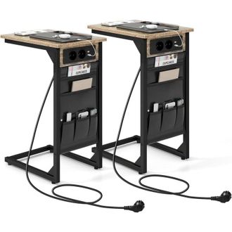 Costway Costway - Beistelltisch mit Ladestation & usb Anschl&uuml;ssen, 2er Set Sofatisch C-Form, Nachttisch mit Seitentasche, 40 x 30 x 60 cm, Vintage