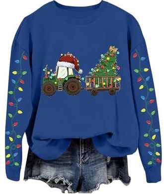 Generic Sweat-shirt de No&euml;l pour femme avec imprim&eacute; sapin de No&euml;l et col rond - Cardigan tendance &agrave; manches longues, bleu, XXL