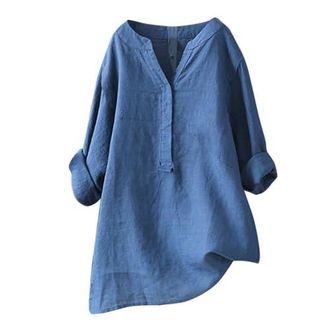 Generic HUIFUAO Chemise Femme Coton Chemise Lin Manches Longue Haut Chic Et élégant Blouses Basique Couleur Unie Tee Shirt Tunique (Blue, XXXL) April Day Prim