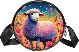 Generic Petit sac &agrave; bandouli&egrave;re rond pour femme, motif mouton color&eacute; avec fermeture &eacute;clair, bretelles r&eacute;glables, sac &agrave; main rond d&eacute;contract&eacute; pour femmes et fi