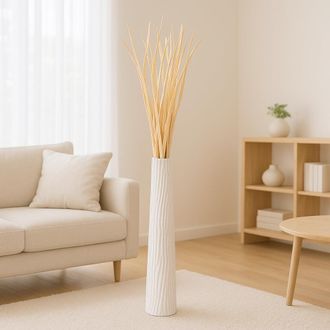Leewadee Gro&szlig;e Deko Bodenvase F&uuml;r Dekozweige, Hohe Standvase F&uuml;r Pampasgras, Design Holzvase, 85 cm, Wei&szlig;