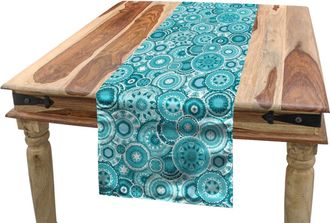 Abakuhaus Wasser Tischläufer, Mandala Runde, Esszimmer Küche Rechteckiger Dekorativer Tischläufer, 40 x 180 cm, Türkisblaues Weiß