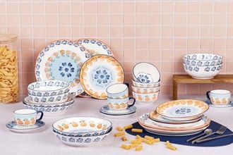 Bj&ouml;rn Borg NAPOLI AGRUMI Porzellan Geschirrset SR-CONAAG26 BJORN 28-teilig, Handbemalt, Wei&szlig;, Orange, Blau, Gr&uuml;n, Sp&uuml;lmaschinenfest, f&uuml;r 4 Personen