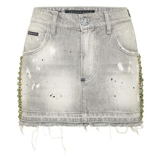 Philipp Plein Femme, Jupes, Gris, Taille: 46 FR Denim Mini Skirt Rib Strass