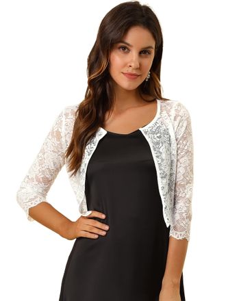 Allegra K Damen Brautjacke Spitzen Bolero Festlich Kurz 3/4 &Auml;rmel Durchsichtig Blumen Spitze Shrug Crop Cardigan Boleros Wei&szlig; XS