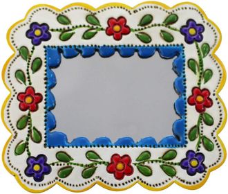 Mitienda Deko-Wandspiegel blau und weiß klein - rechteckig, Spiegel zum Aufhängen, Rechteck mit Blumen