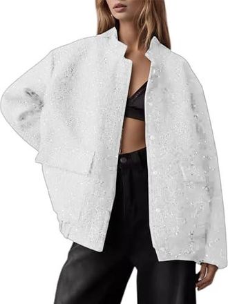 Generic Veste Femme Chic Et Elegant Veste d&eacute;contract&eacute;e femme &agrave; col montant avec paillettes scintillantes pour style streetwear et sorties quotidiennes confort