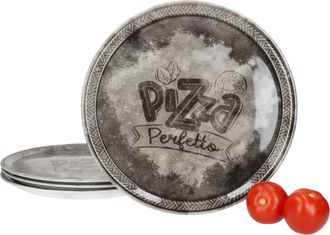 MamboCat 4er Set Perfetto Pizzateller Ø 31,5 cm I Schwarz I für 4 Personen I rustikale Porzellan-Teller für Pizza, Flammkuchen & mehr I große Speiseteller mit 