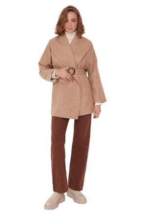 Trendyol Damen Trendyol Damen Oversize Straight Plain Webstoff Mantel Coat, Camelfarben, 36 EU