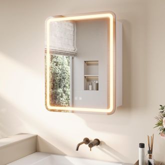 Sonni Spiegelschrank mit Beleuchtung 70x 55 cm, LED Spiegelschrank mit Taschentuch-Durchlass, Steckdose, Anti-Beschlag & 3 Lichtfarben, Dimmbar - Holzschran