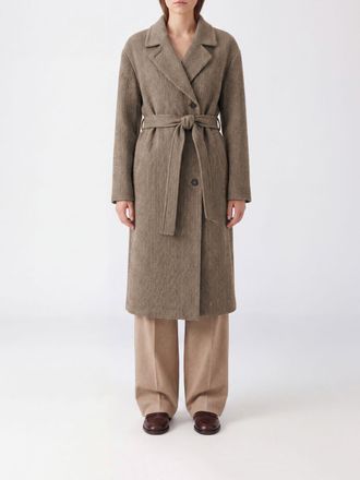 Brunello Cucinelli Manteau crois&eacute; en laine &agrave; chevrons avec ceinture