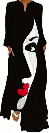 Ocean Plus Robe de Printemps et dété pour Femme avec Jupe Longue Col en V Manches Longues Poches et Imprimé Floral Ample (XL, Visage à lèvres Rouges)