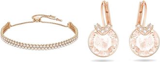 Swarovski Subtle Armband, Weiss, Roségold-Legierungsschicht & Bella V Drop-Ohrhänger, Rundschliff, Goldfarben, Roségold-Legierungsschicht