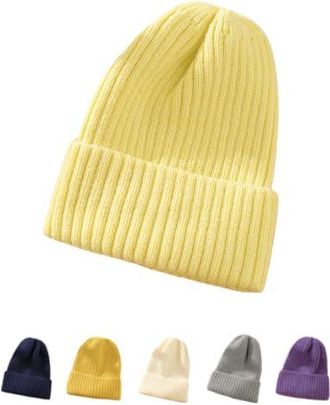 Generic Bonnet dhiver en tricot c&ocirc;tel&eacute; pour homme et femme - Bonnet chaud &agrave; revers mignon - Bonnet souple pour femme, jaune clair, taille unqiue-L