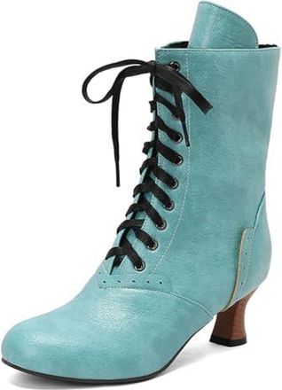 Generic Bottes en Cuir Mi-Mollet Vintage pour Femmes Talon Kitten en Bois Perforé Rétro Travail Bureau Chaussures Décontractées,Vert,35 EU