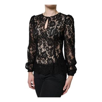Dolce & Gabbana Schwarzes Spitzen Langarm-Top mit Rei&szlig;verschluss - - Blouses & Shirts - Damen - Schwarzk - S