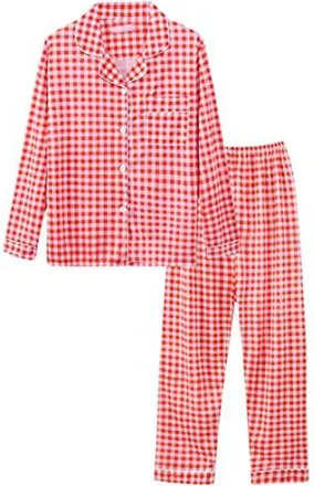 Minetom Ensembles de Pyjama Femme 2 Pièces Bouton Vêtements de Nuit À Carreaux Manches Longues Col V Chemise et Pantalon Style Y04 40