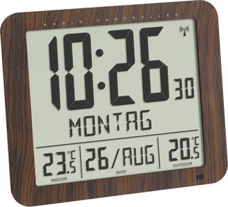 TFA Dostmann Funk Wanduhr Holzoptik, 60.4518.08, mit Außensender, Innen- und Aussentemperatur, gut ablesbar, mit Datum und Wochentag, braun