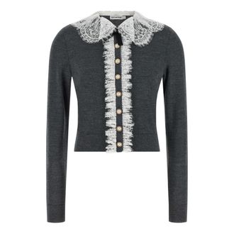 Self Portrait Lace Collar Knit Cardigan - - Knitwear - Damen - Grau - L