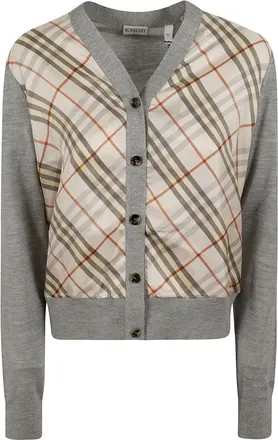 Burberry Femme, Pulls, Gris, Taille: 42 FR Cardigan en laine et soie &agrave; panneau Check