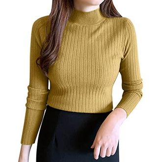 Generic Sous-v&ecirc;tement en tricot pour femme &agrave; manches longues avec col montant - T-shirt en tricot c&ocirc;tel&eacute; &agrave; manches longues uni, col roul&eacute;, sweat-shirt basique