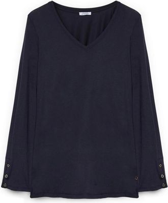 Fiorella Rubino Femme, Tops, Bleu, Taille: 36 FR T-shirt en jersey avec petits boutons aux poignets
