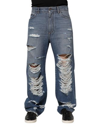 Dolce & Gabbana Mens Blue Tattered Cotton Logo Plaque Denim Jeans Elastane Clothing