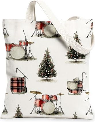 Generic Sacs fourre-tout en toile musicale r&eacute;utilisables, motif tambour et arbre, sacs d&eacute;picerie vintage, l&eacute;gers et lavables, toile pour voyage, plage, pique-