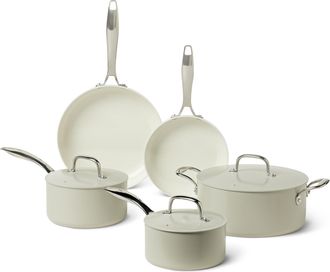 Amazon Basics Antihaft-Keramikkochgeschirr, 8-Teiliges Topf- und Pfannenset, Spülmaschinen- und Ofenfest, Für alle Herdarten geeignet, Leinengrau