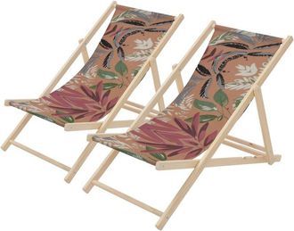 ECD Germany ECD Germany Lot de 2 Chaises Longues Pliantes en Bois Chiliennes, Motif Floral, Marron-Rouge-Vert, Dossier R&eacute;glable, 3 Positions de Couchage, jusqu&agrave;