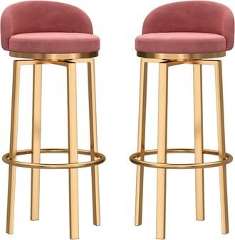 Generic Moderner Drehbarer Barhocker Aus Samt mit R&uuml;ckenlehne, 2Er-Set Rosa K&uuml;cheninselst&uuml;hle, Goldene Fu&szlig;st&uuml;tze, 75 cm Hoch, Wohnaccessoires