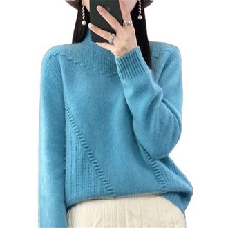 Generic Pull à manches longues et col roulé en cachemire pour femme 100 % laine mérinos épaisse, bleu, XXL