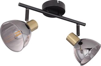 ETC Shop Deckenstrahler 2 flammig Deckenlampe Retro schwarz Deckenleuchte Esszimmer mit schwenkbaren Spots, schwarz messing, Glas rauch, LxBxH 30x11x17,5 cm