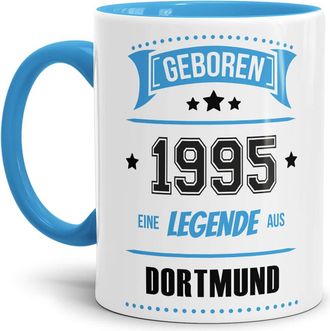 Tassendruck Geburtstags-Tasse Geboren 1995 Eine Legende aus Dortmund Innen & Henkel Hellblau/Geschenk/mit Spruch/Mug/Cup/Becher/Qualität Made in Germany