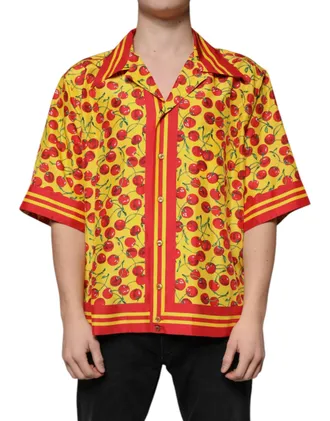 Dolce & Gabbana Mens Yellow Cherry Button Down Silk Casual Shirt
