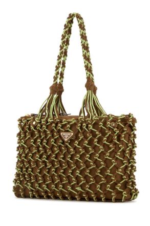 Prada Womens Two-Tone Mesh Shopping Bag Cacao+prato Recycledpolyamide-Calfleather Borse A Mano