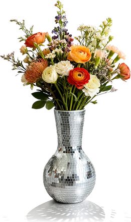 Relaxdays Disco Vase, mit Spiegelglas, HxD: 28x14 cm, Mosaik-Vase, runde Blumenvase, Tischdeko, Glitzer-Vase, Silber