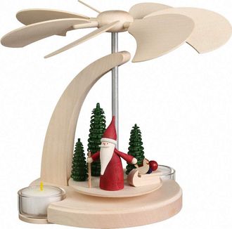 Seiffener Volkskunst | Weihnachtspyramide Teelicht Bogenpyramide | 18 cm Pyramide | Moderne Volkskunst aus dem Erzgebirge | 16264 | Weihnachtswichtel mit Schlitten