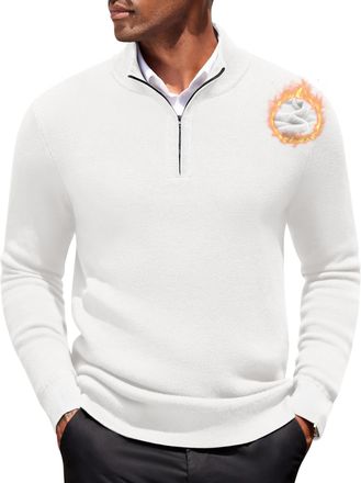 Coofandy Half Zip Pullover Herren Fleece Pullover mit Reißverschluss Rollkragenpullover Strickpullover Langarm Winterpullover Warm Turtleneck Sweater Weiß 3XL