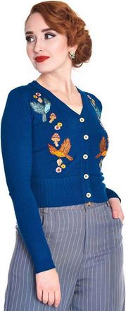 Voodoo Vixen Strickjacke Blue Woodland Cardigan Retro Vintage Blumen V&ouml;gel Pilze