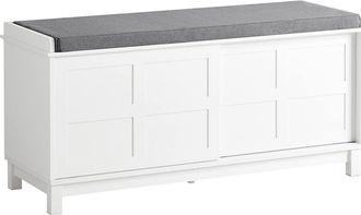 SoBuy Schuhbank mit Stauraum und gepolstertem Kissen - Multifunktionales Schuhregal mit 2 Schiebetüren für Flur und Eingangsbereich - Bequem, platzsparend, 