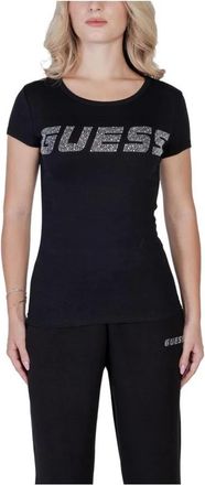 Guess Rhinestone Logo T-Shirt Kurzarm Rundhals - - Tops - Damen - Schwarzk - S