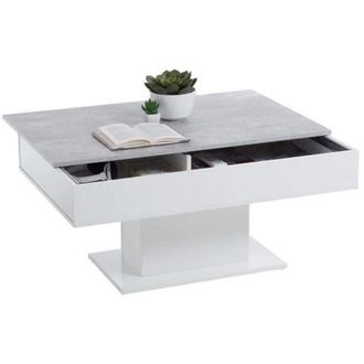 FMD Table basse fixe bicolore avec plateau coulissant - D&eacute;cor gris b&eacute;ton et blanc brillant - L100 x H46,1 x P65 cm - Design contemporain - FMD
