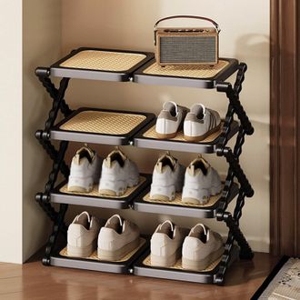 Generic Faltbares Schuhregal, Offene Schuhablagen mit Verstellbare Regalh&ouml;he, Schuhst&auml;nder Aus Rattan mit X-F&ouml;rmiger Halterung for Eingangsbereich, Wohnzimmer