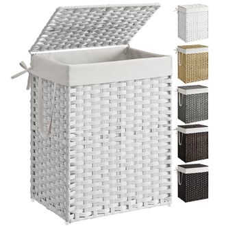Songmics Handgewebter W&auml;schekorb, 90 l, synthetisches Rattan, W&auml;schekorb mit Deckel und Griffen, faltbar, herausnehmbarer Einsatzbeutel, wei&szlig; ULCB51WT