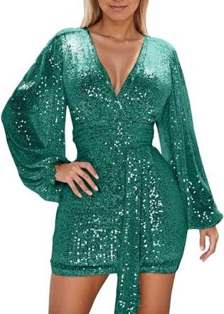 Generic Robe Soiree Femme Robe Cocktail Robe de Soirée Sexy À Sequins pour Femmes Européennes Et Américaines Col en V Et Manches Longues Style Transfrontalier
