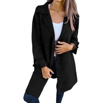 Generic Manteau dhiver mi-long avec col &agrave; revers pour femme, Noir, 5XL