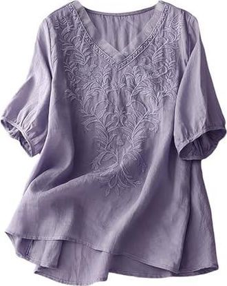 Generic Tunique en coton et lin pour femme, haut &agrave; manches 3/4 en lin pour femme, chemisiers d&eacute;t&eacute; brod&eacute;s, haut boh&egrave;me floral, t-shirt &eacute;l&eacute;gant, grande taille, 