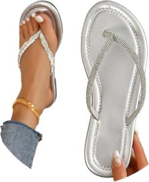 Generic Tongs tendance &agrave; paillettes avec strass pour femme - Confortables - L&eacute;g&egrave;res et antid&eacute;rapantes, argent&eacute;, 39.5 EU