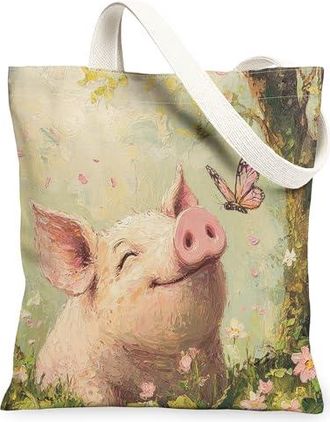 Generic Spring Pig Sac fourre-tout en toile pour faire du shopping 33 x 38,1 cm, sac d&eacute;picerie r&eacute;utilisable pour femme, motif animal de voyage, d&eacute;coration cad